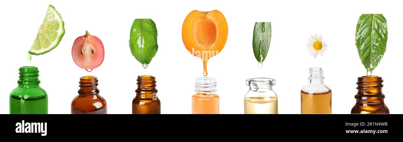 Set with different natural essential oils on white background. Banner ...