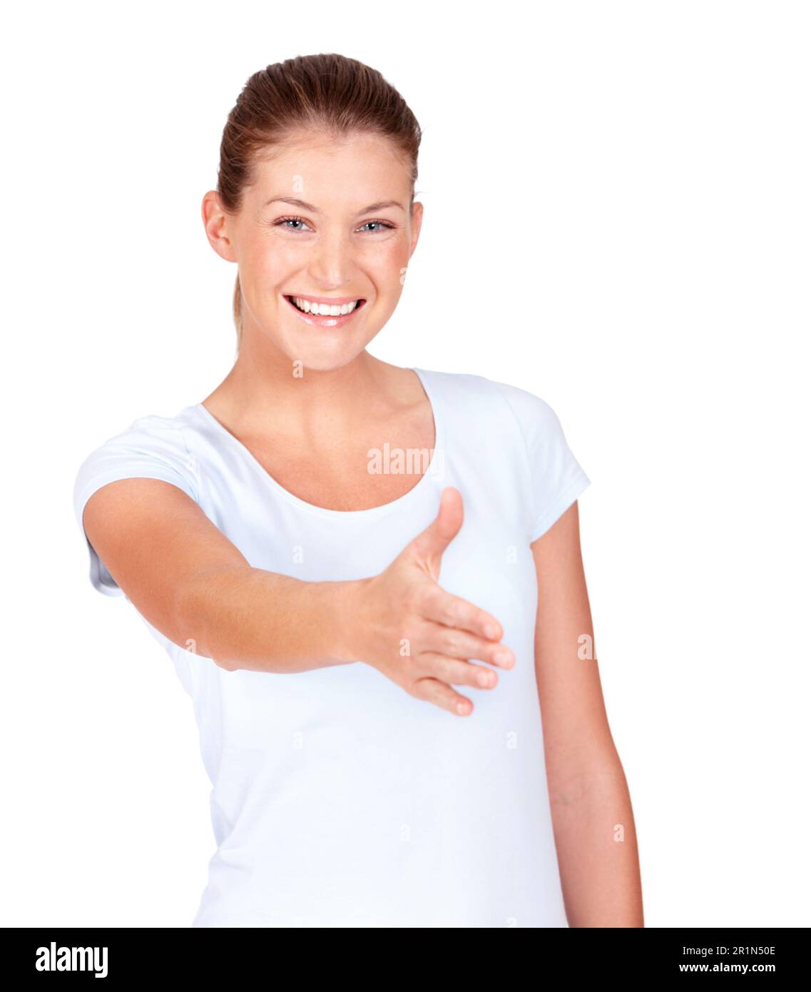 Handshake, offer and portrait of happy woman in white background ...