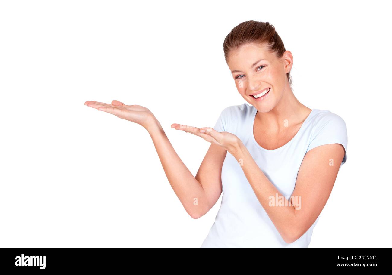 Happy woman, portrait and advertising offer with hands on isolated white background, information ...