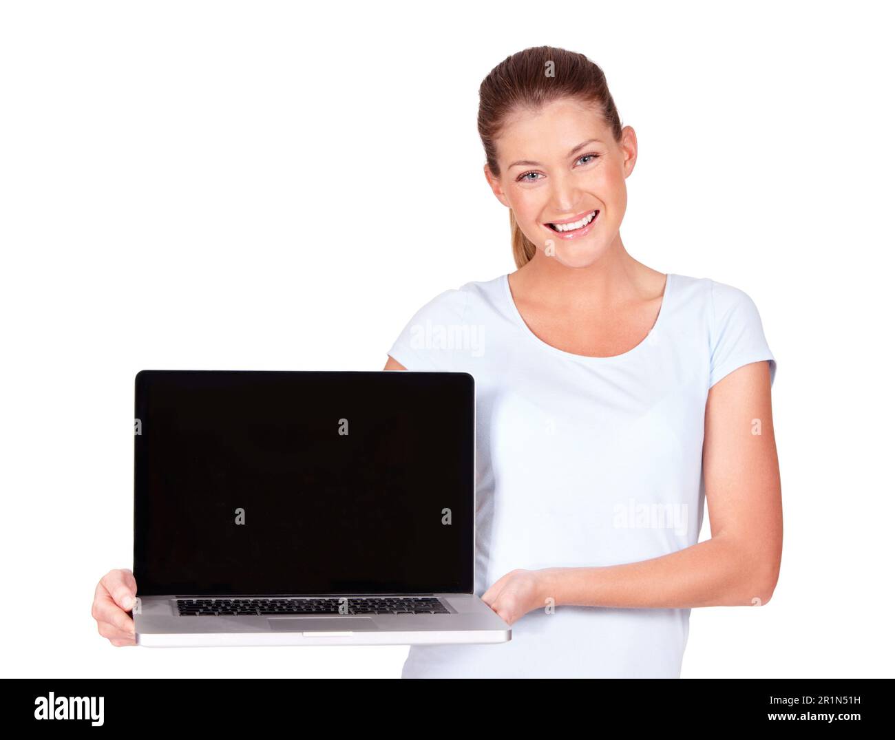 Isolated woman, laptop screen and studio portrait with smile, mockup ...