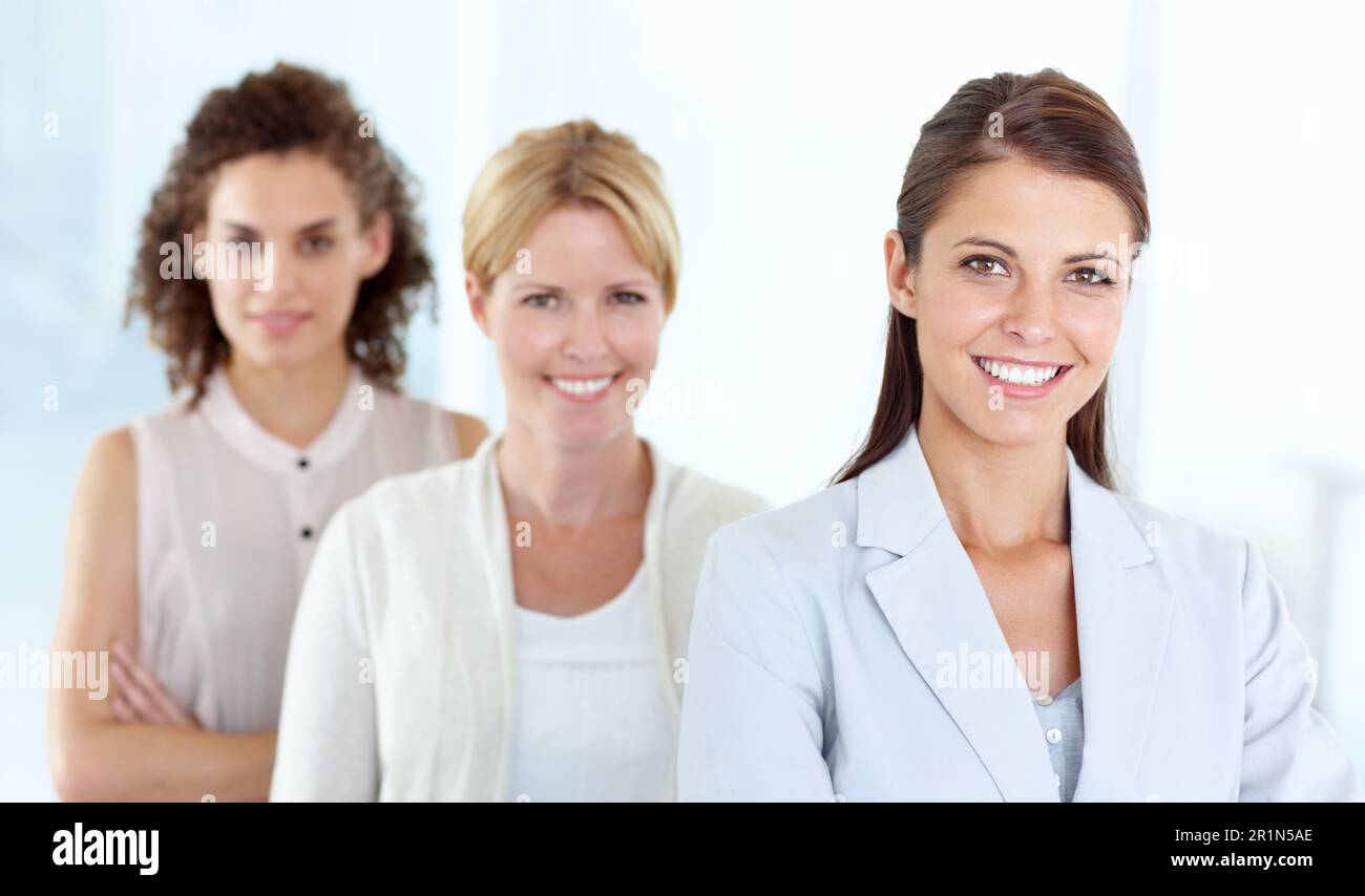 Portrait, woman and leadership of business people with teamwork in ...