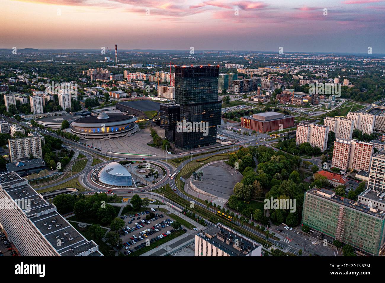 Aerial drone photo of Katowice city center and office buildings towers ...