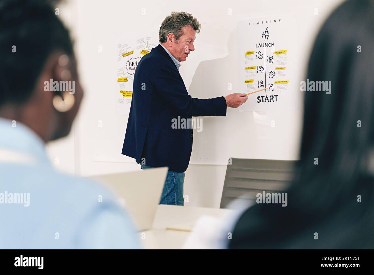 A 60-year-old man explaining a graphic representing a company launch ...
