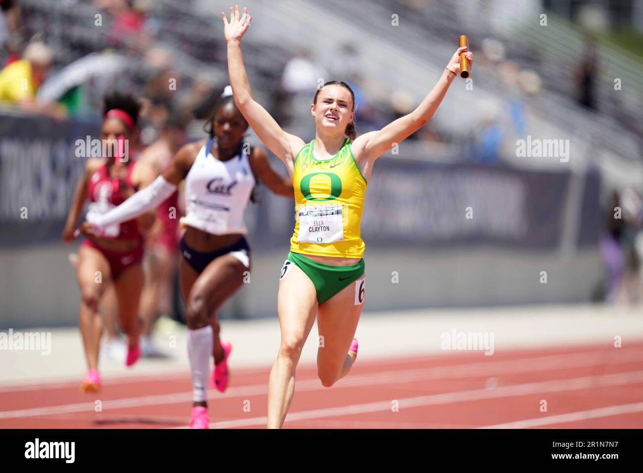 Ella Clayton celebrates after running the anchor leg on the Oregon ...
