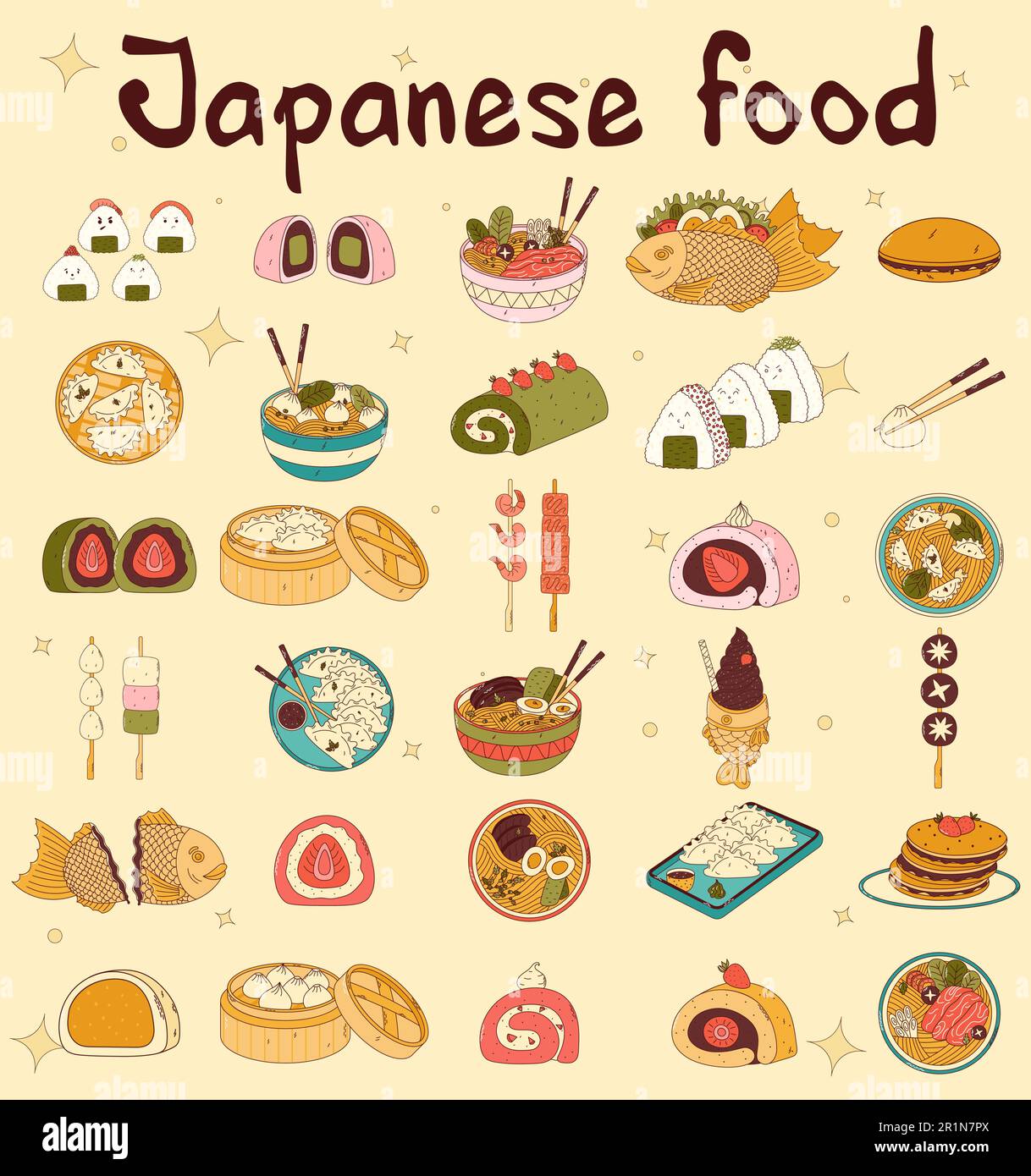 Traditional Japanese food. Asian yakitori skewers, ramen, dumplings ...