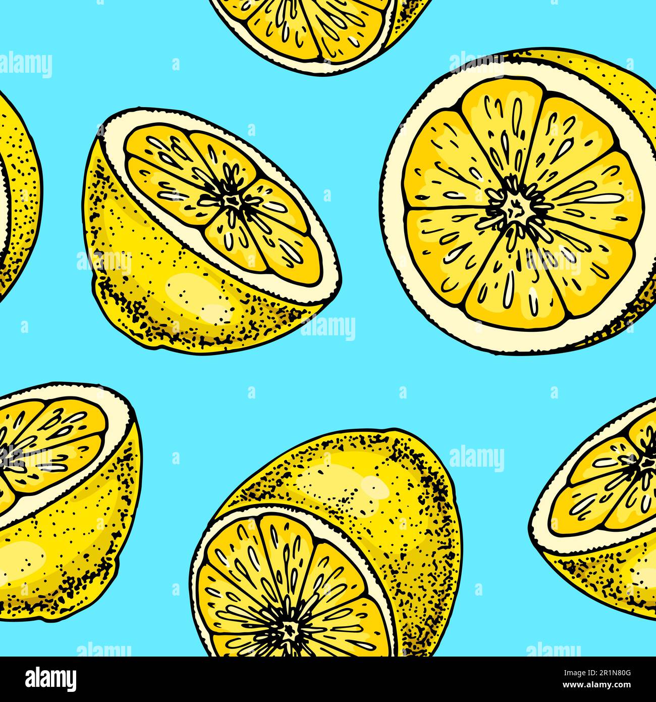 Lemon slice seamless pattern. Colorful hand drawn vector illustration in sketch style. Tropical ...
