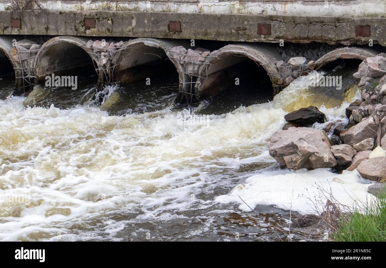 A concrete pipe that carries smelly, polluted sewage into the river ...