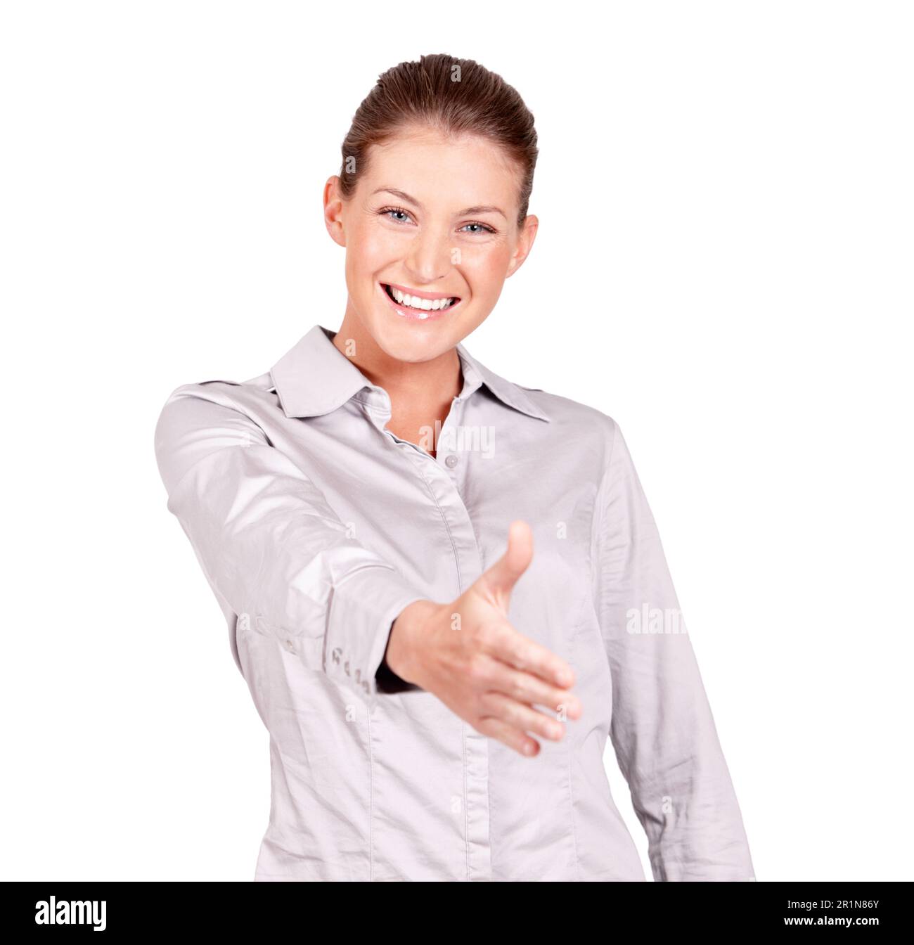 Portrait, happy woman and deal for shaking hands in studio, isolated ...
