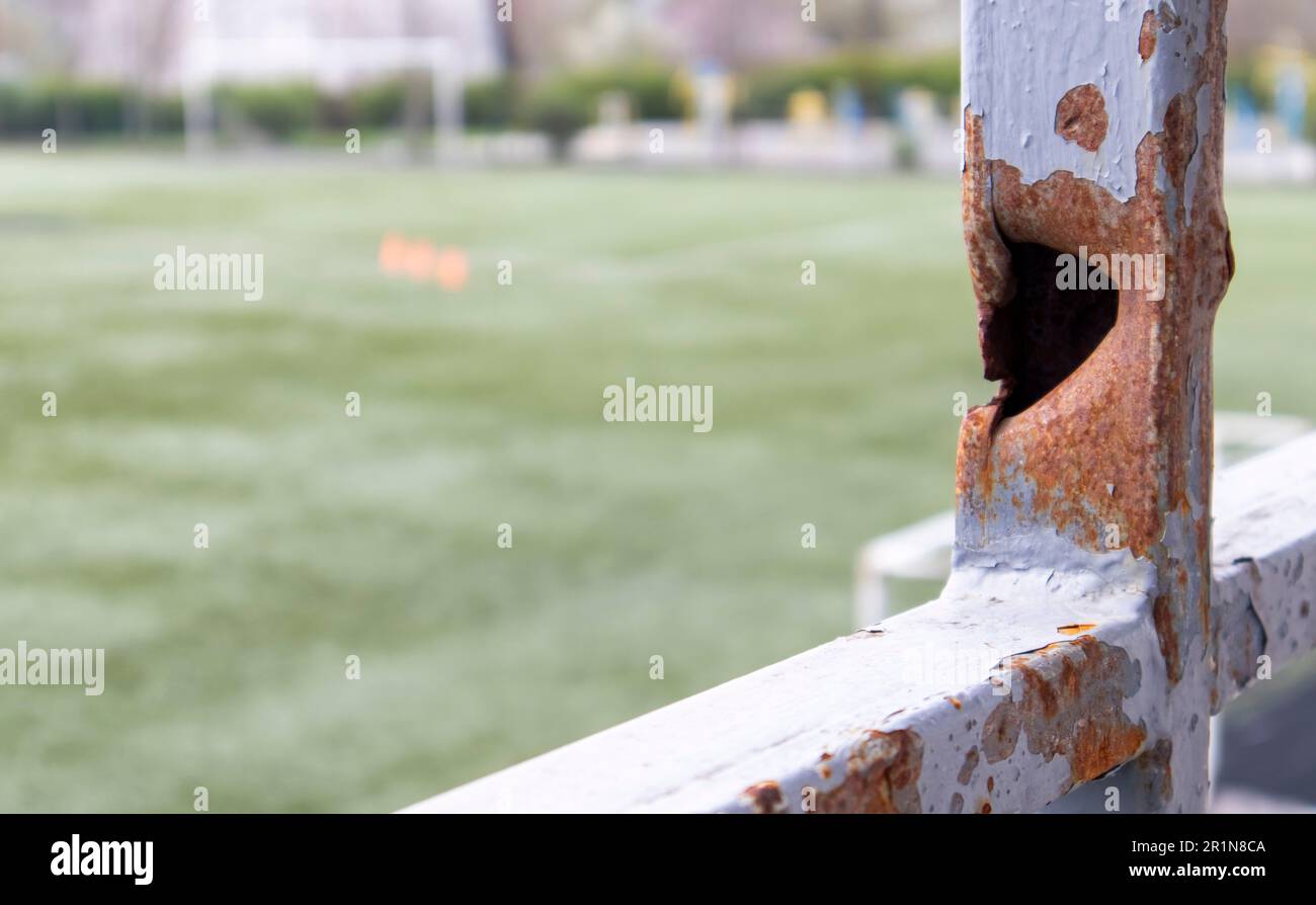 Bullet hole in the pipe. War in Ukraine. A hole from a shell fragment ...