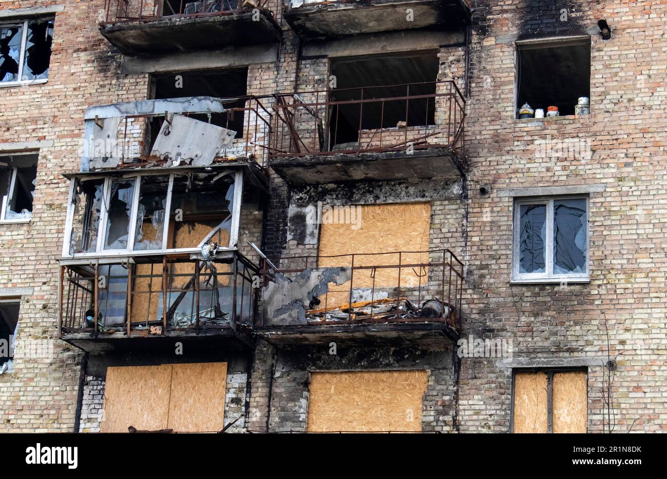 Burnt apartments in a multi-storey residential building, the ...