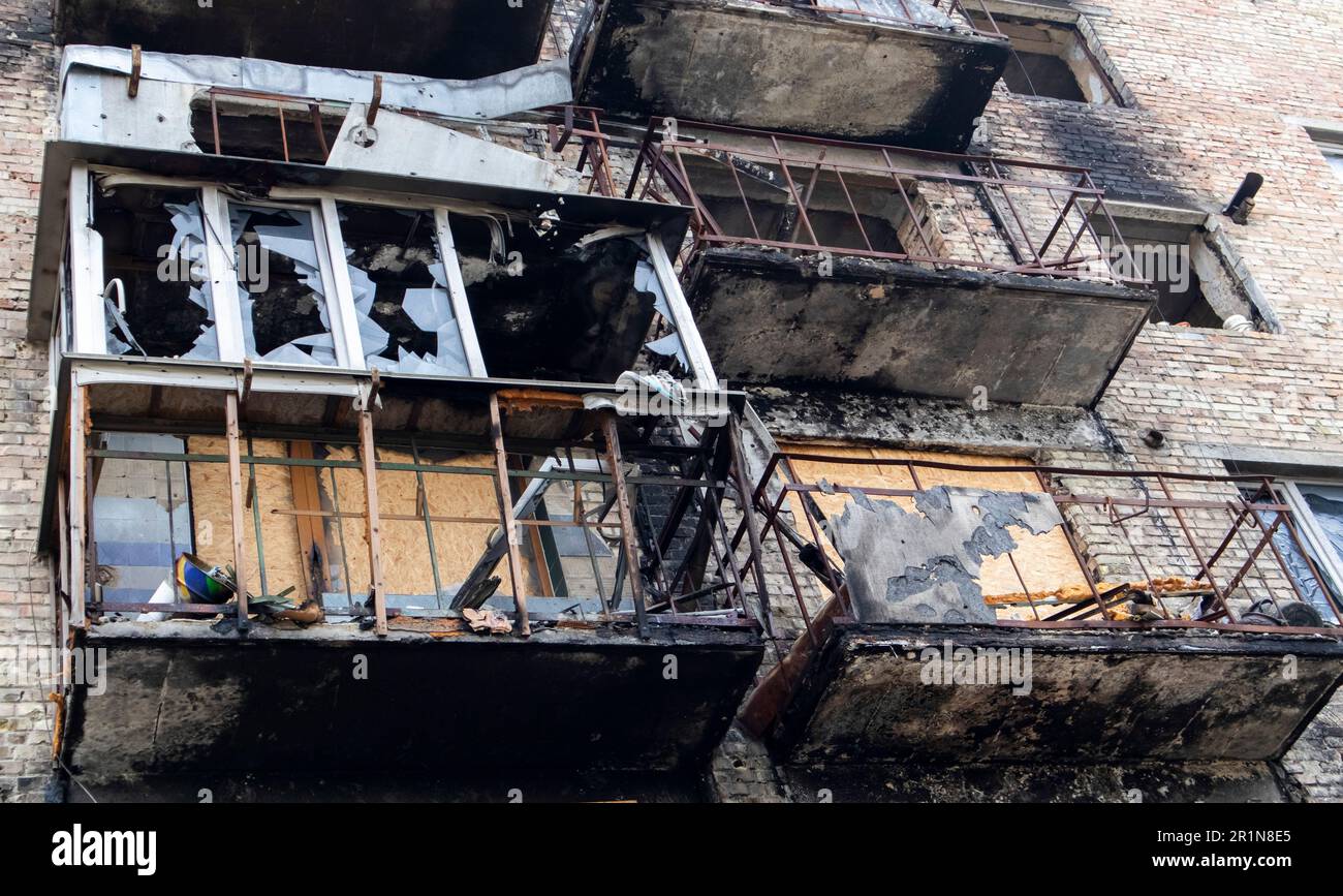 Burnt apartments in a multi-storey residential building, the ...