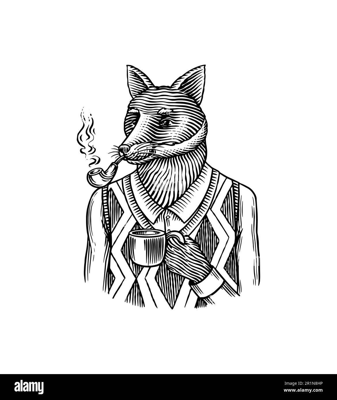 Fox character in a suit. Fashion man in a vest with a smoking pipe and ...