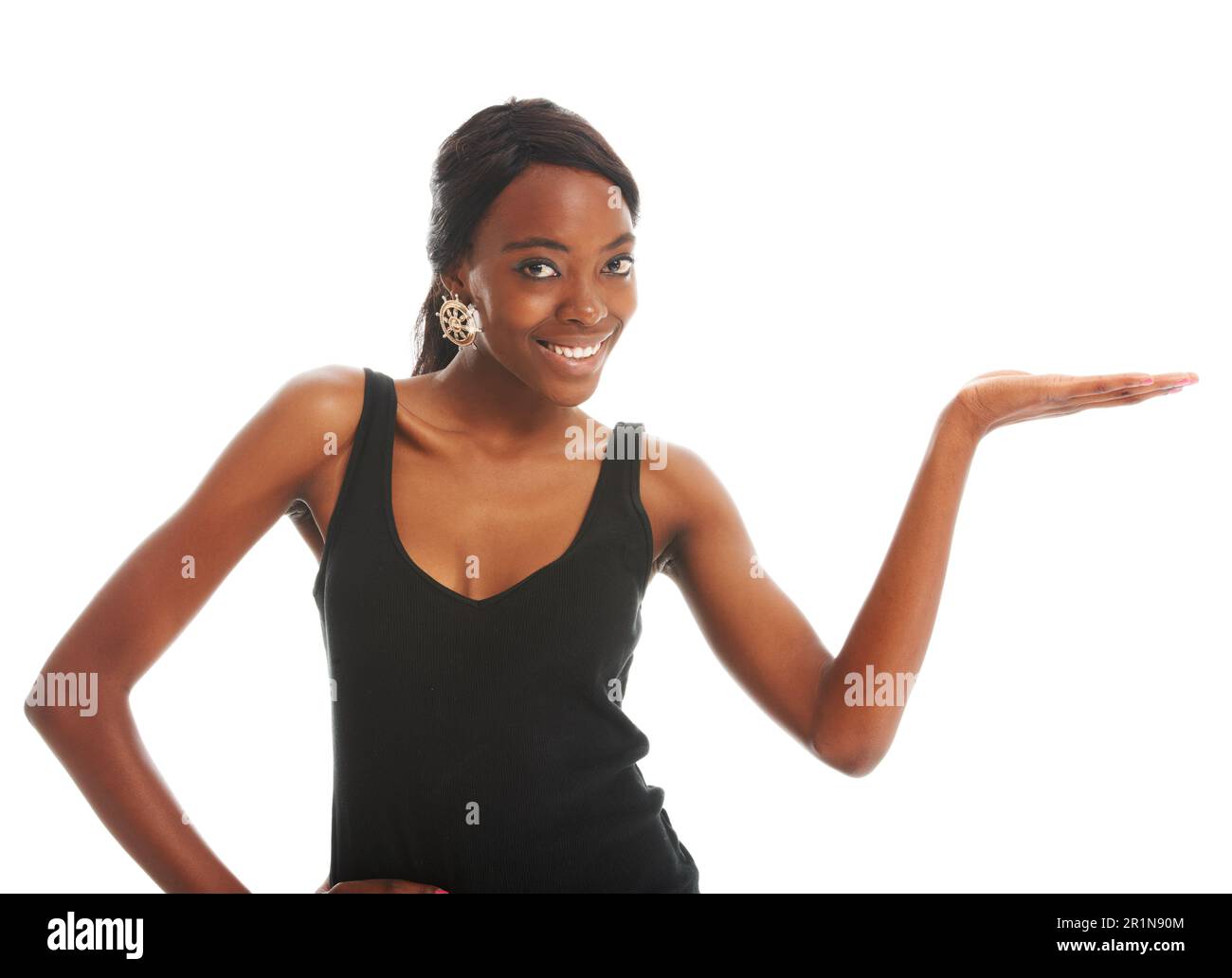Isolated, promotion and smile with portrait of black woman for ...