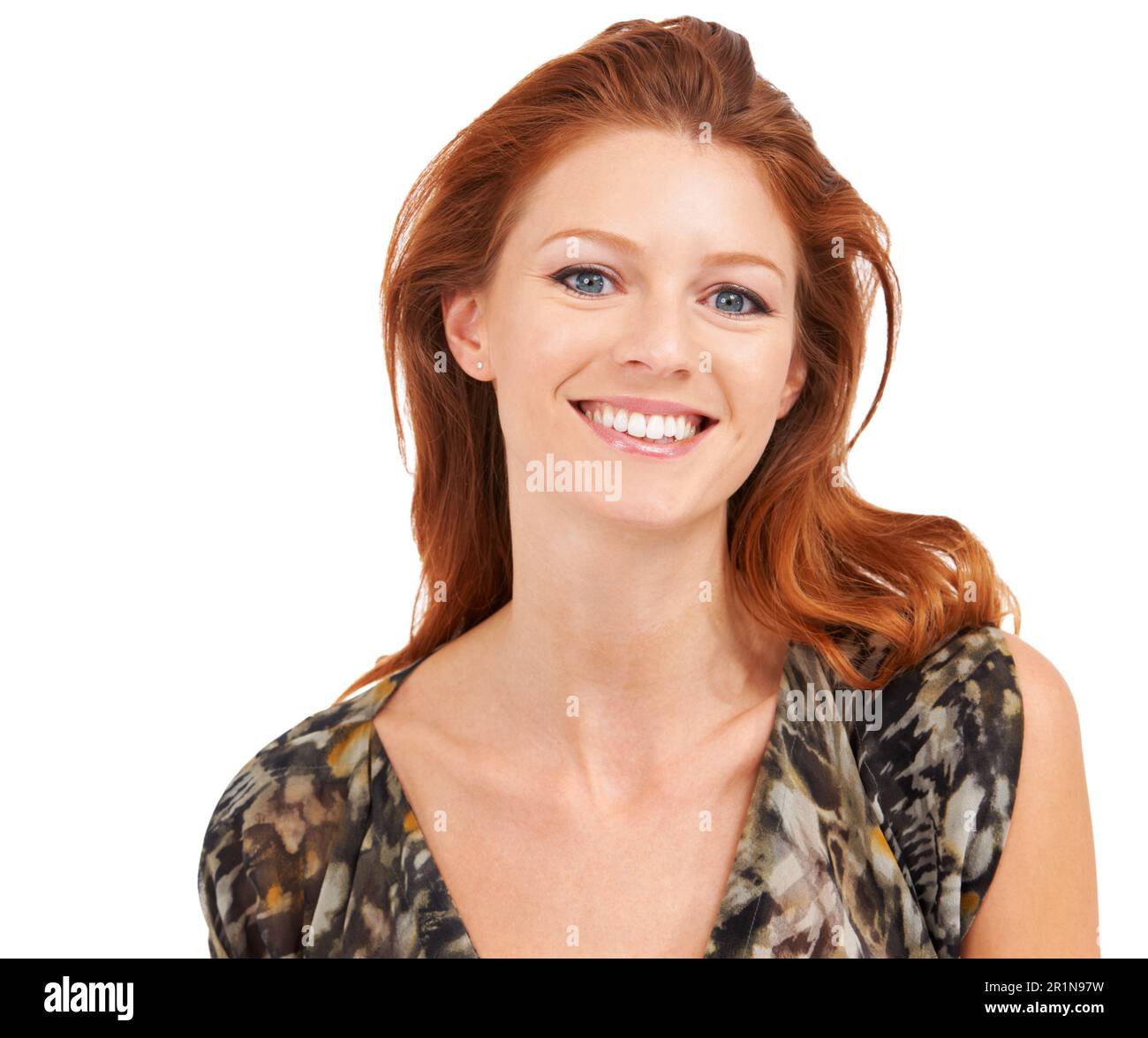 White background, woman portrait and ginger hair with cosmetics and ...