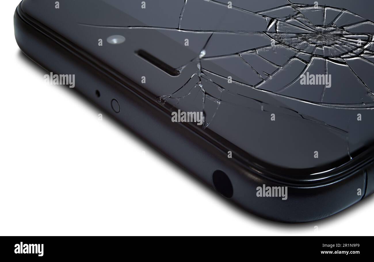 Close-up of a smartphone with a broken display, isolated on a white ...