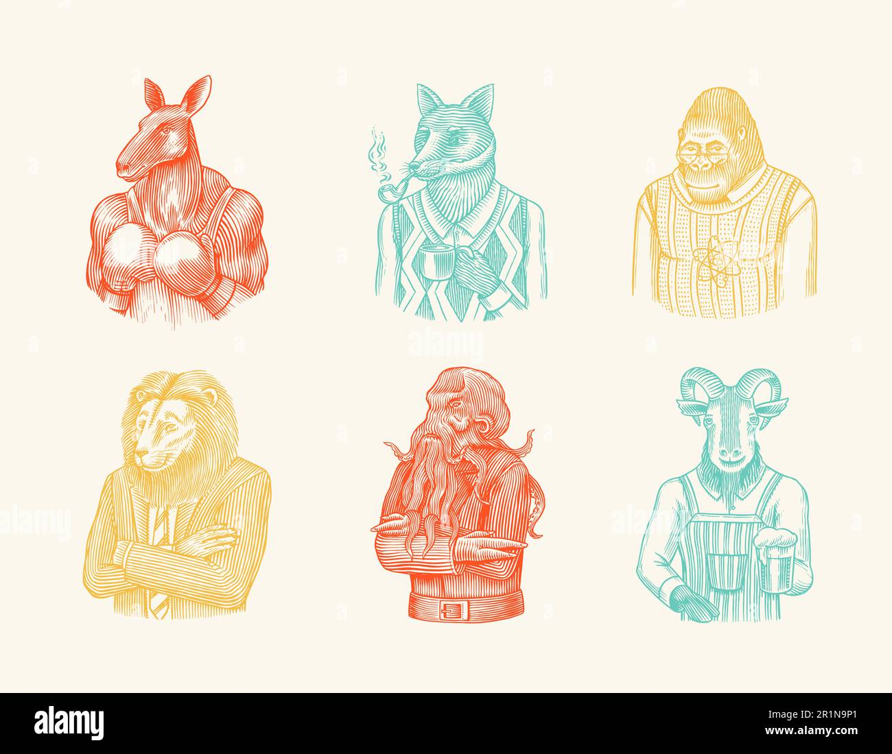 Octopus gentleman, Fox with a smoking pipe, lion businessman, boxer ...