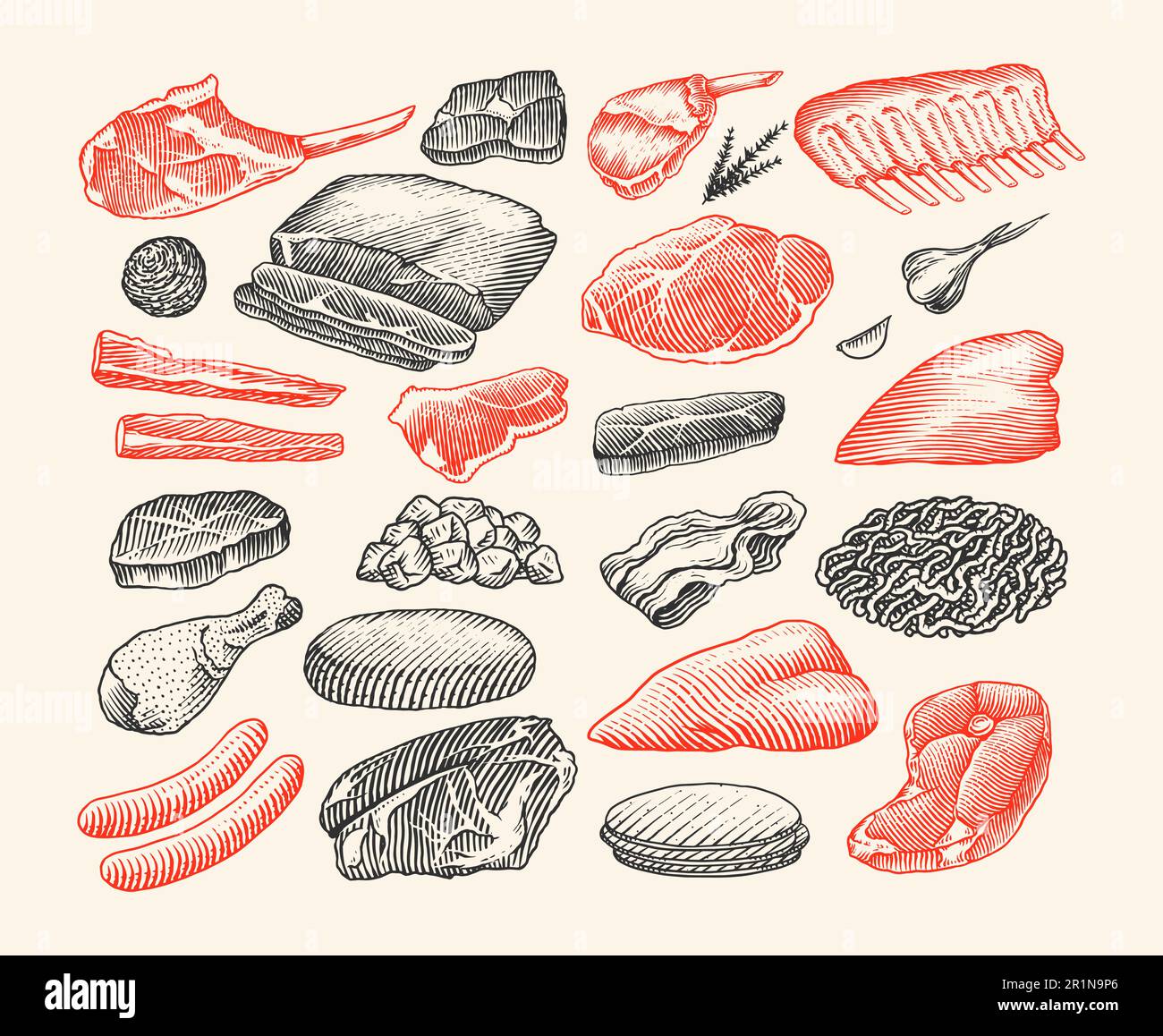 Red meat products. Veal beef, ribs, Bacon, jamon, mortadella, lamb beef ...