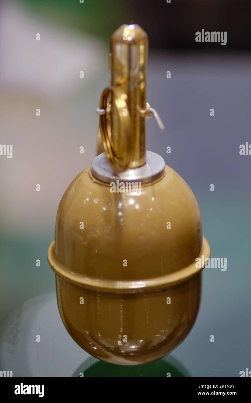 An army hand grenade used for imitation explosive effects in mock-up ...