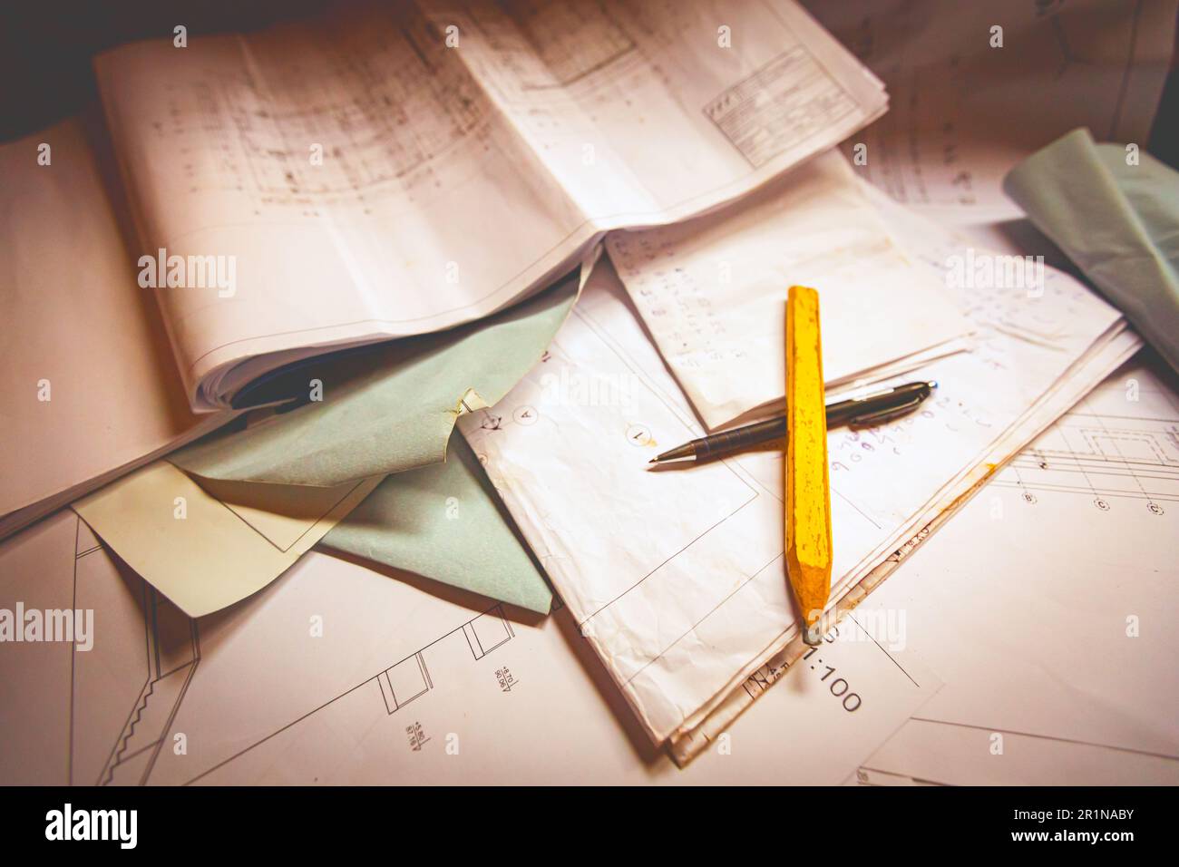 Used mason's graphite square wooden construction pencil and chemical ...