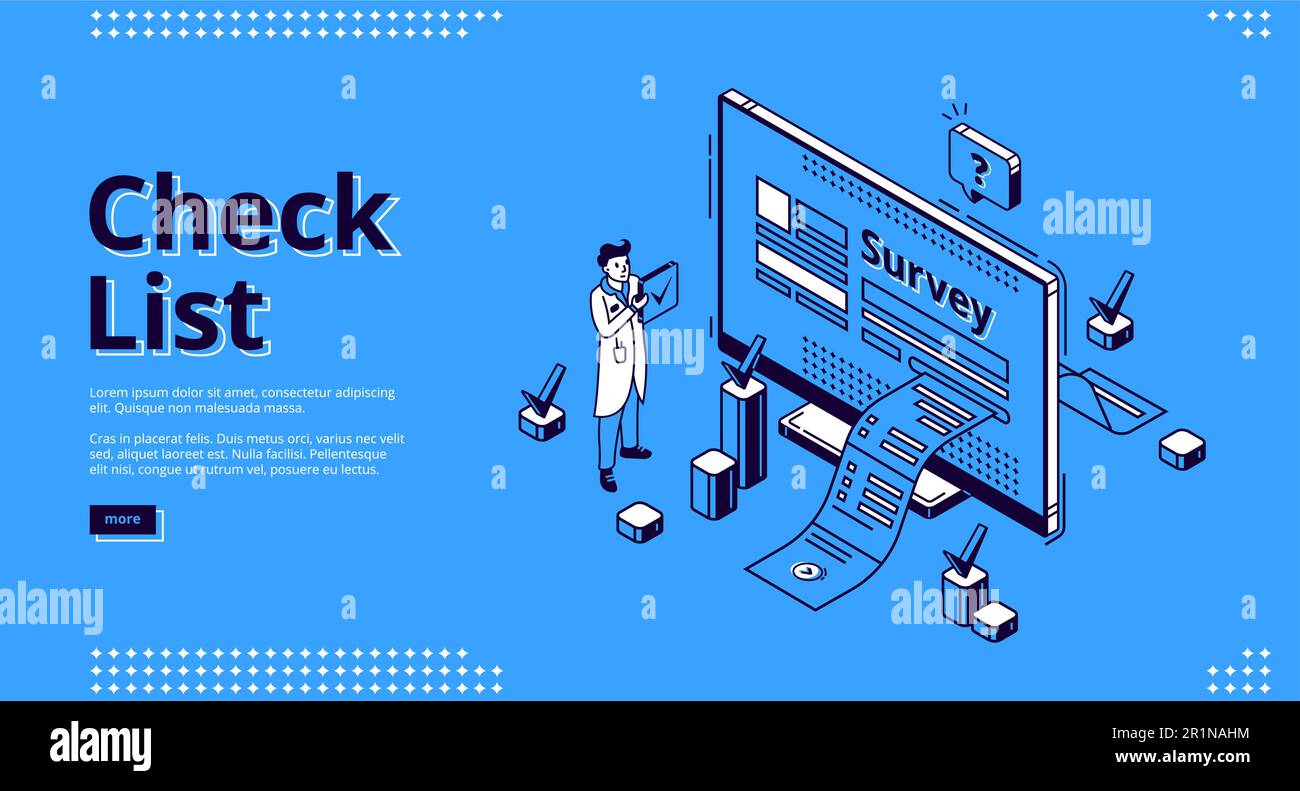 Check list isometric landing page. Business man conduct online survey ...