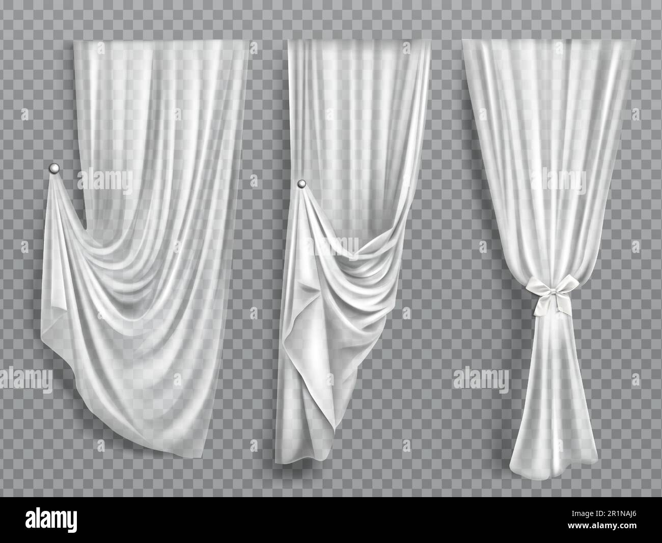 White window curtains set, folded cloth for interior decoration isolated on transparent ...