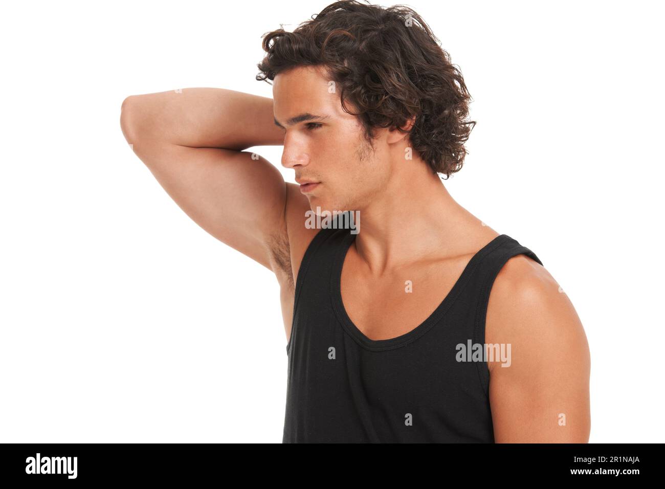 Serious, fitness and face of man on a white background with confidence ...