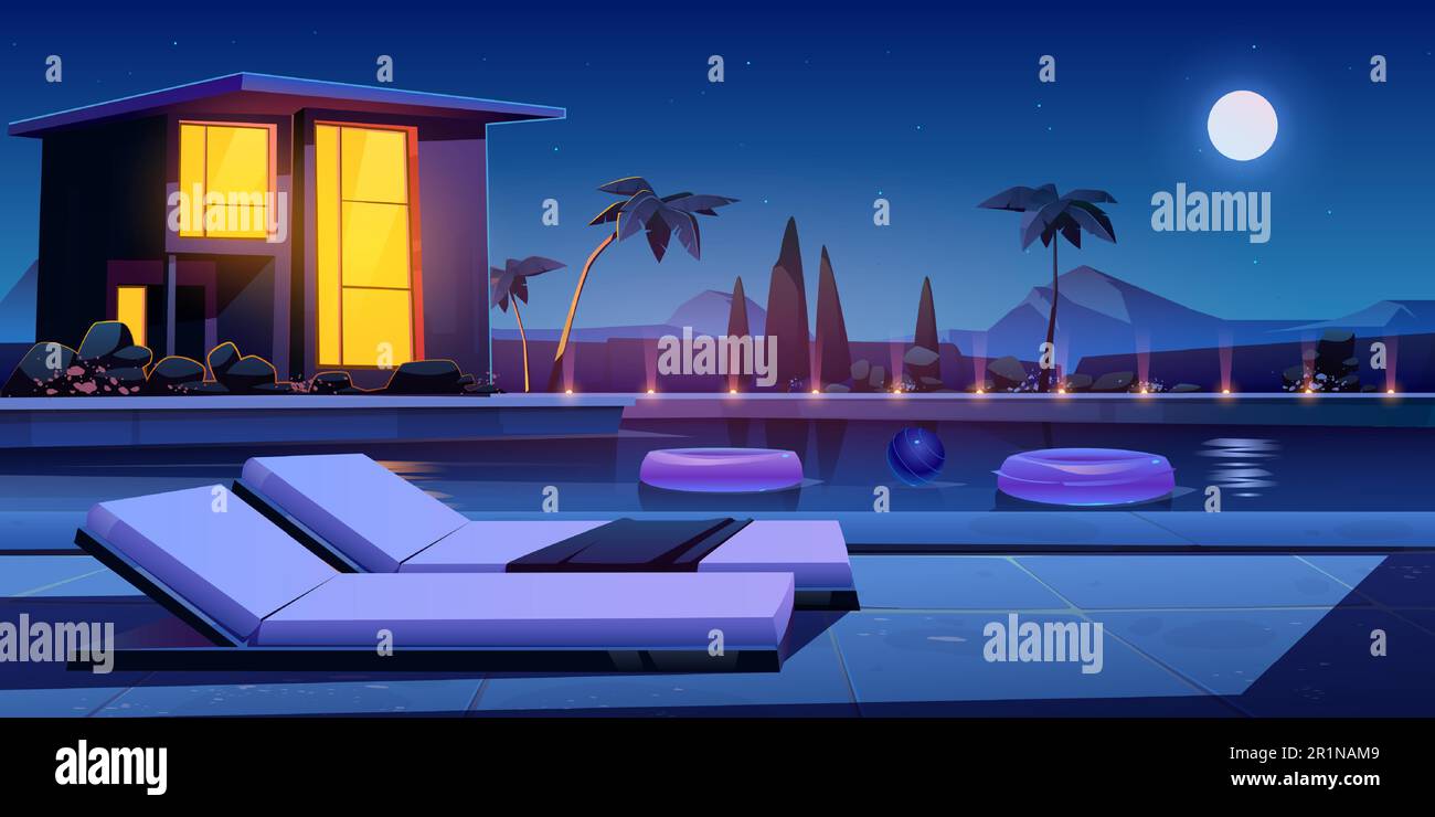 House and swimming pool with deck chairs and balls in water at night ...