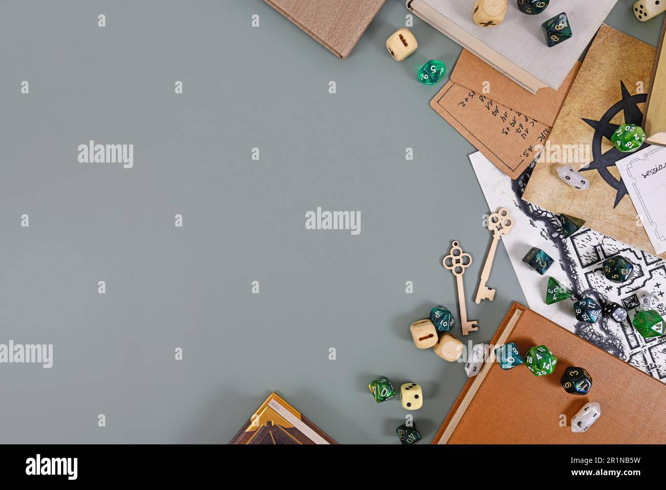 Tabletop role playing flat lay background with RPG dices, rule books ...