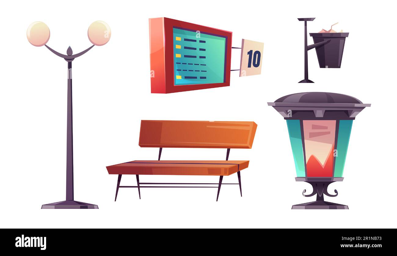 City bus stop with bench and schedule. Vector cartoon icons set of seat ...