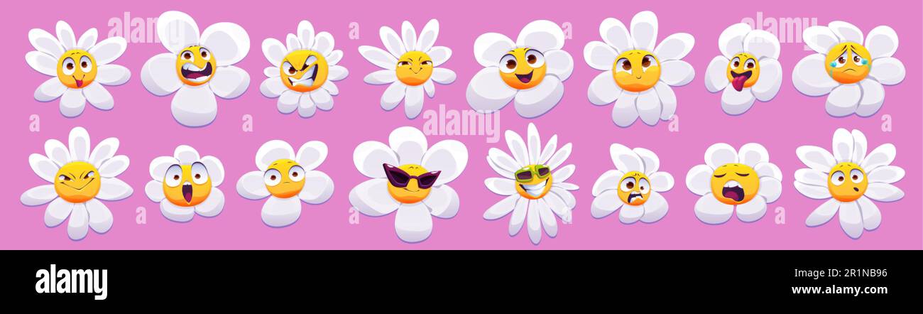 Chamomile flower face emotions isolated vector set. Cartoon groovy ...