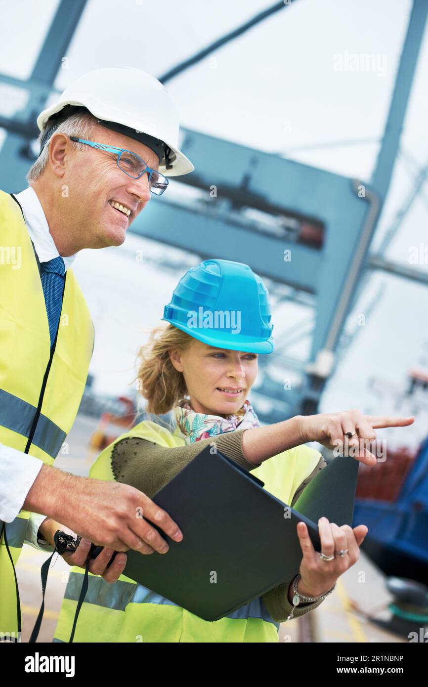 Logistics, teamwork or shipping people with checklist for cargo ...