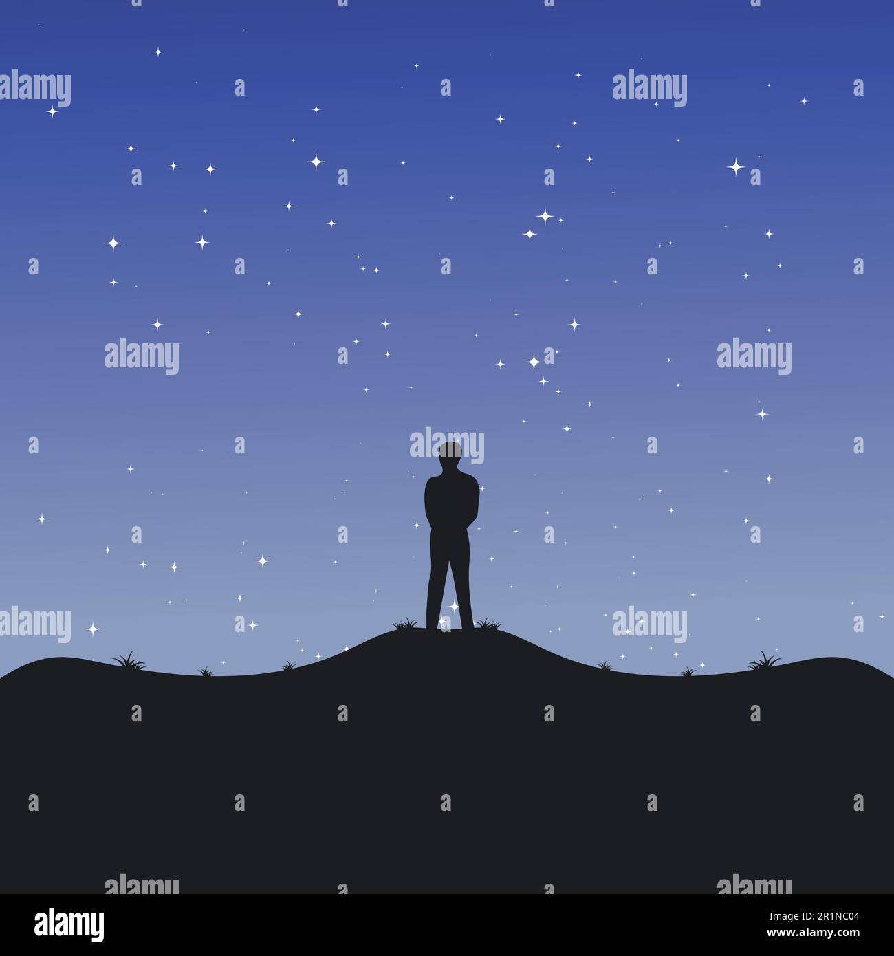 man standing alone on hill at night vector illustration background ...