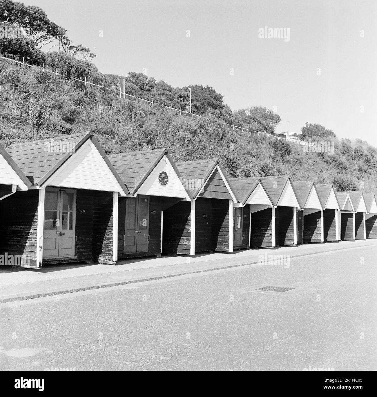 Promenade with beach huts Black and White Stock Photos & Images - Alamy