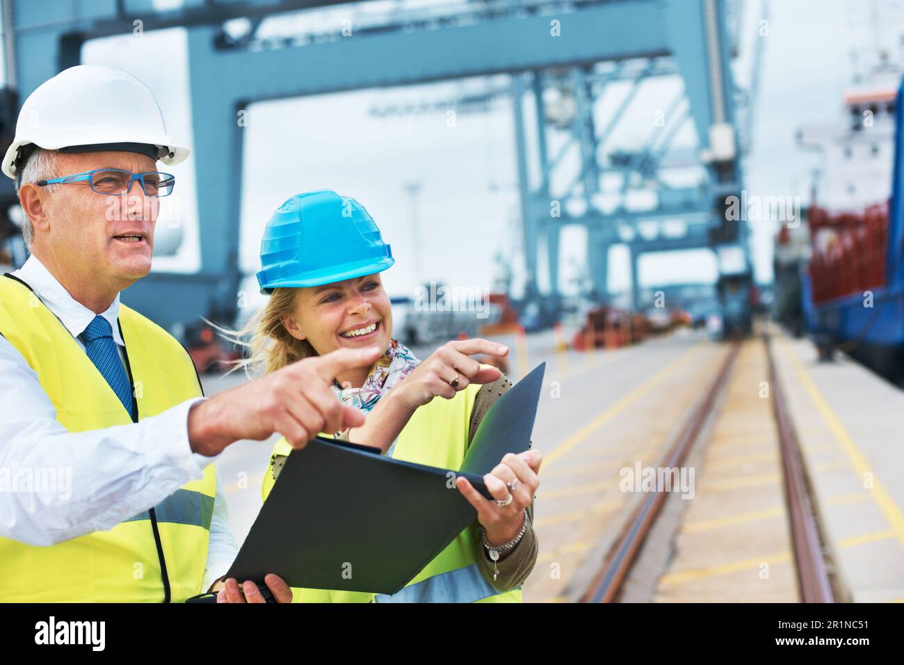 Logistics, teamwork or shipping people with checklist for cargo ...