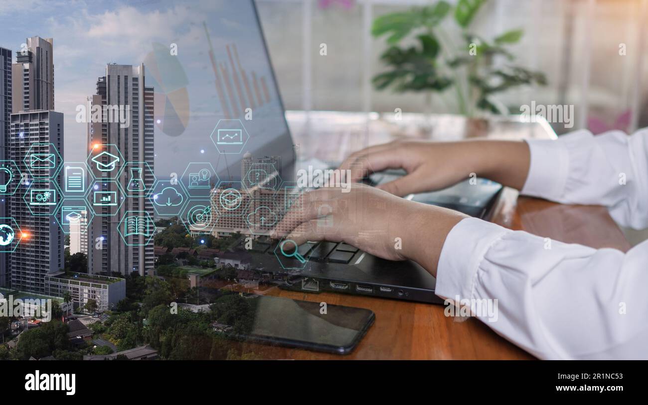Human hand working on computer. business concept and communication ...