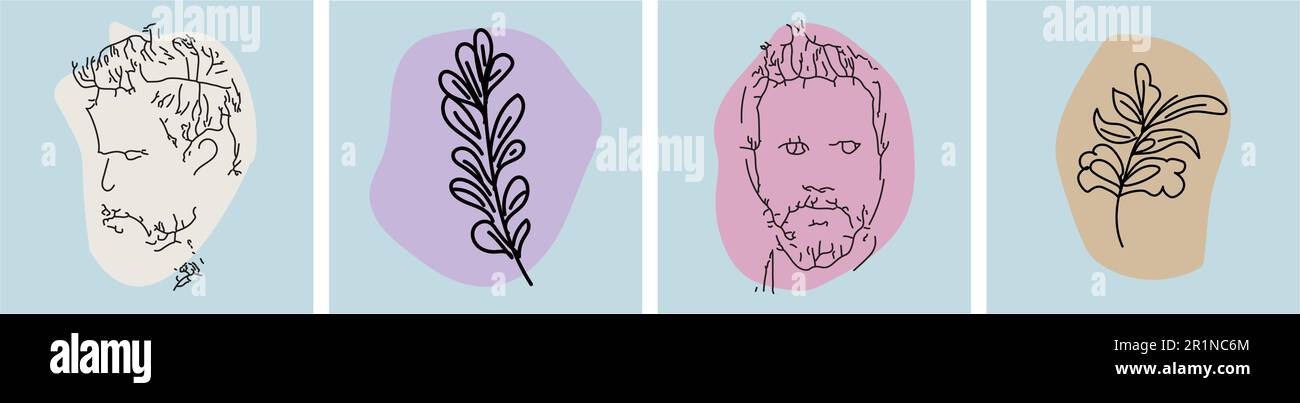 Line art men portrait and leaves in contemporary abstract style with ...