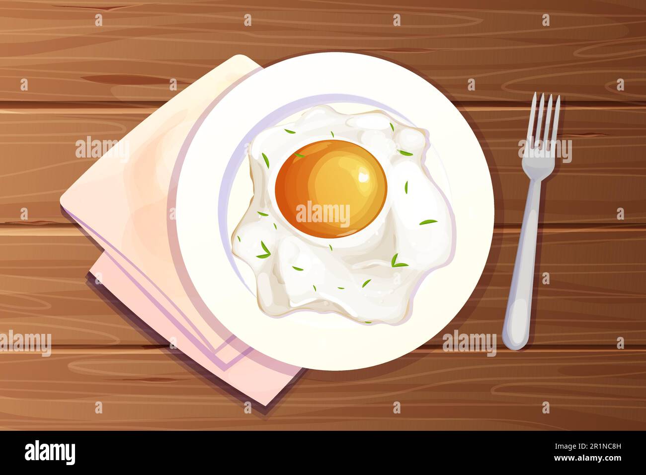 Egg fried on plate, kitchen wooden table top view decorated with ...