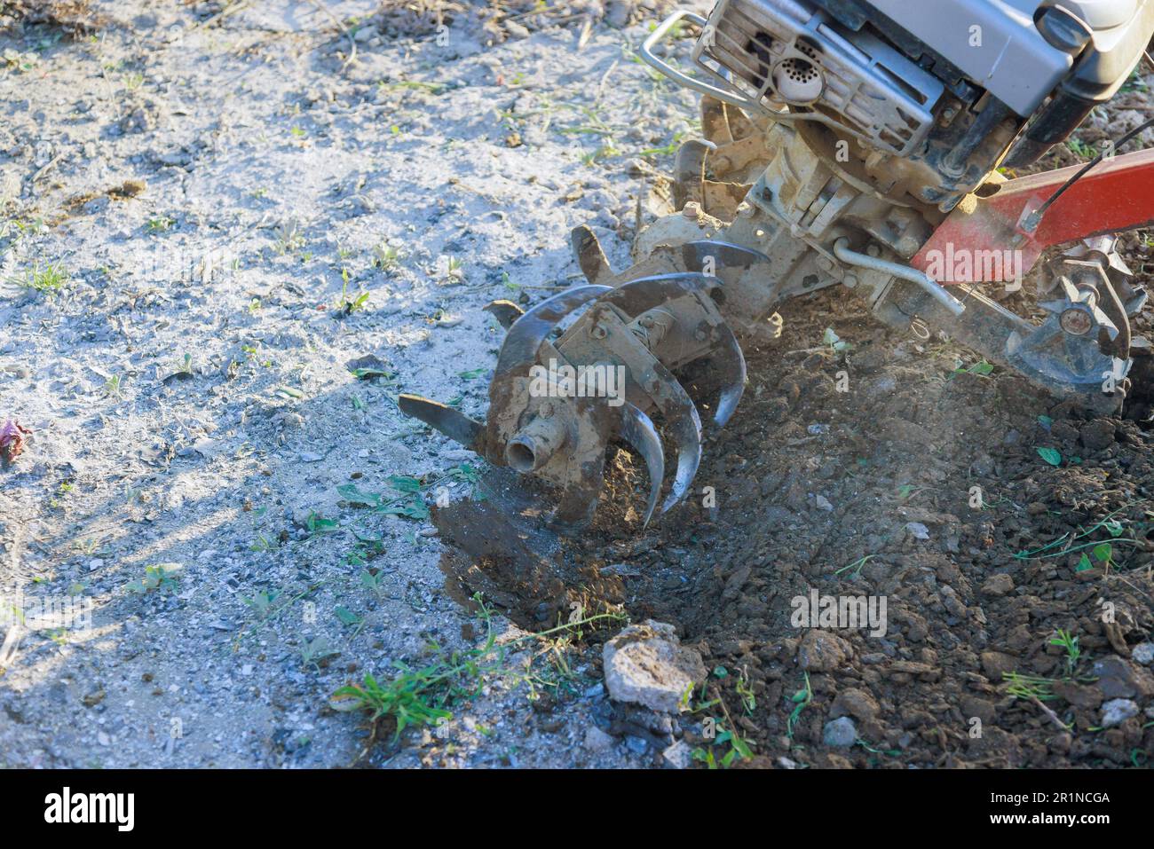 There is farmer in garden plowing ground with tiller block using motor ...