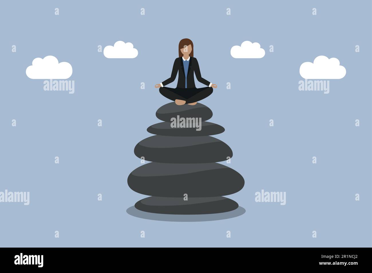 meditating business woman sitting on a stack of zen stones work life ...