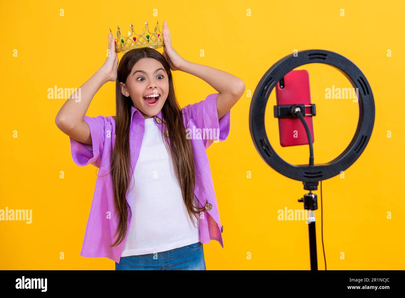surprised teen girl influencer with crown on background. photo of teen ...