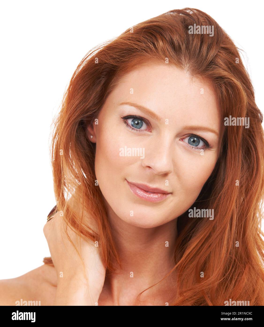 Beauty, ginger hair and portrait of woman in studio for natural makeup ...
