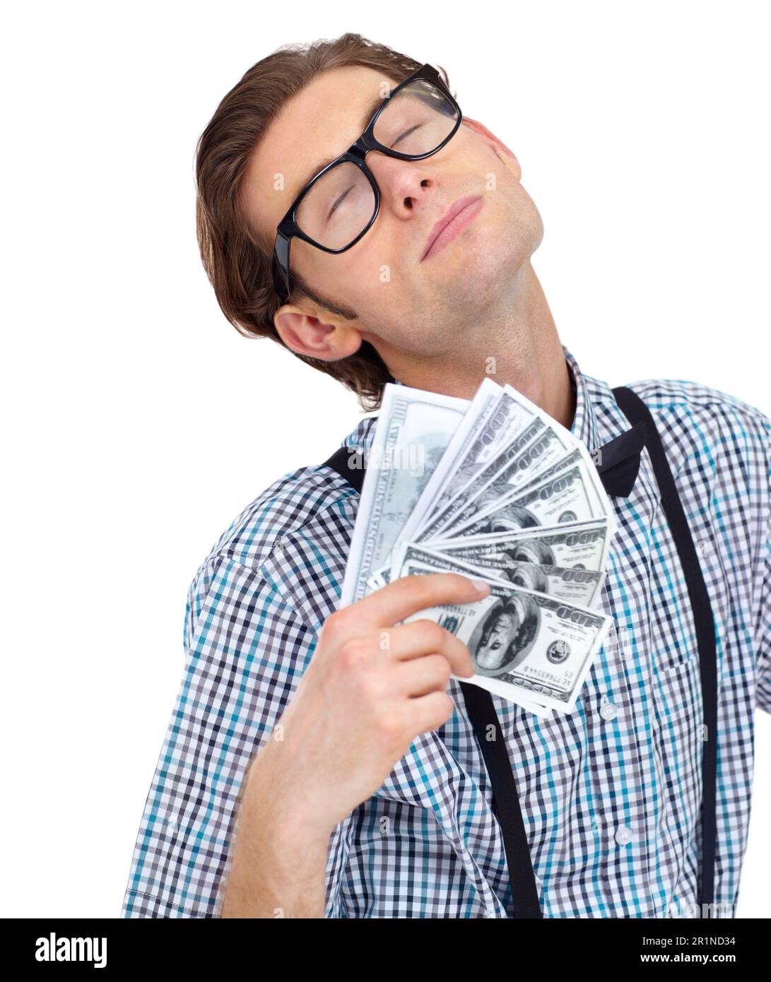 Money fan, winner and man with dollars in studio isolated on a white ...