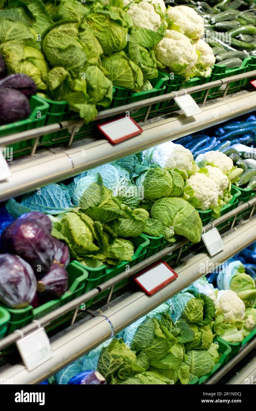 Food, shopping and health with fresh produce in supermarket for sale ...