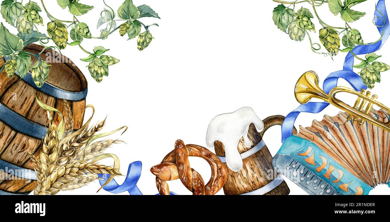 Wooden Barrel Pint Beer Accordion Hop Vine Watercolor Illustration