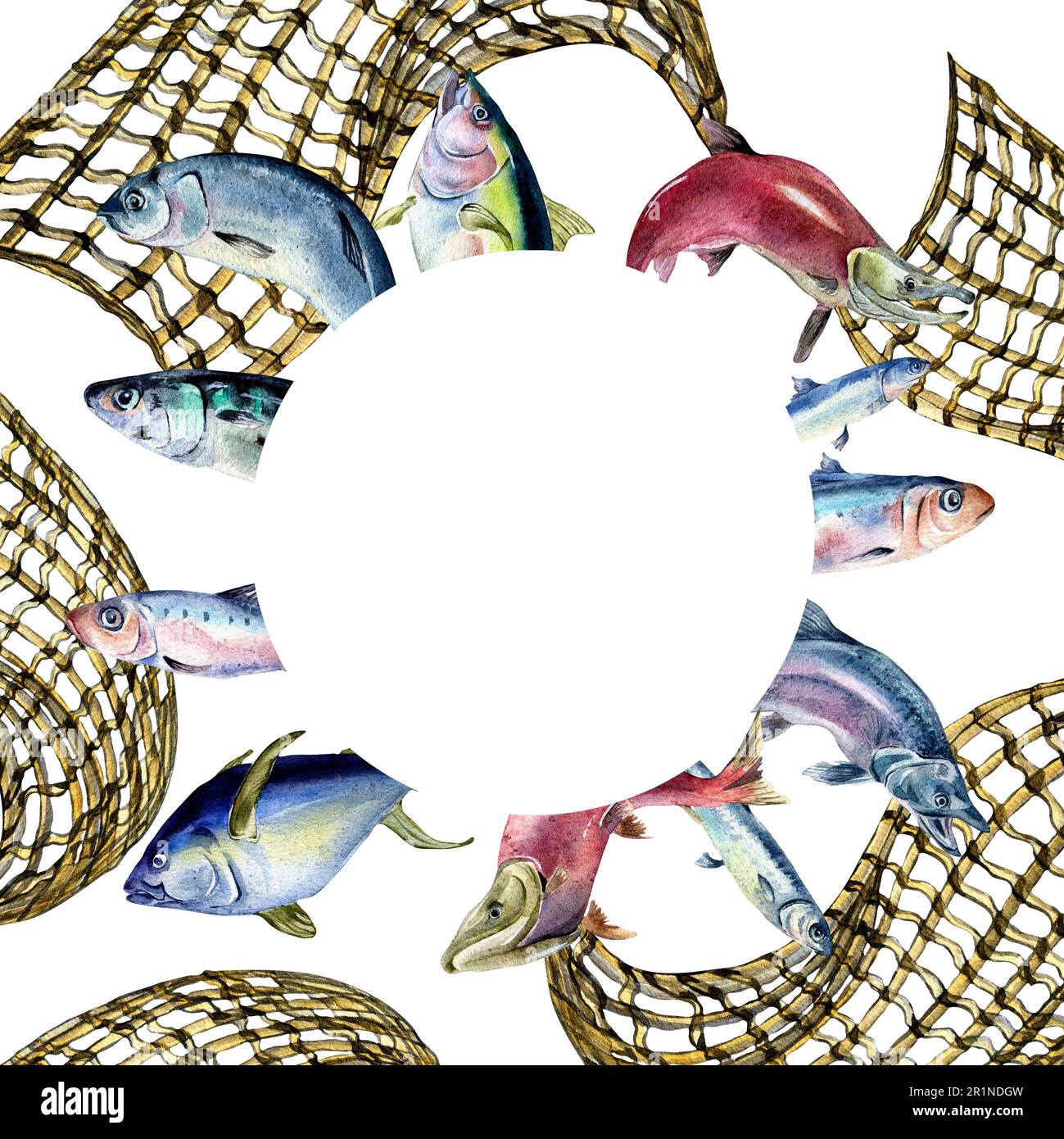 Frame of various fresh sea fish watercolor illustration isolated on ...