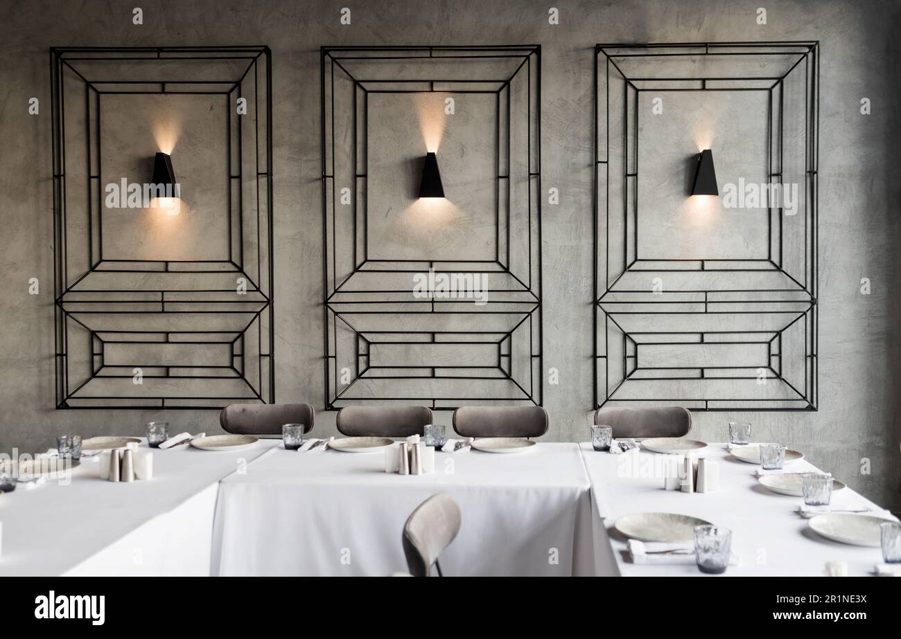 Chic and elegant decoration, white plates, table setting with empty ...