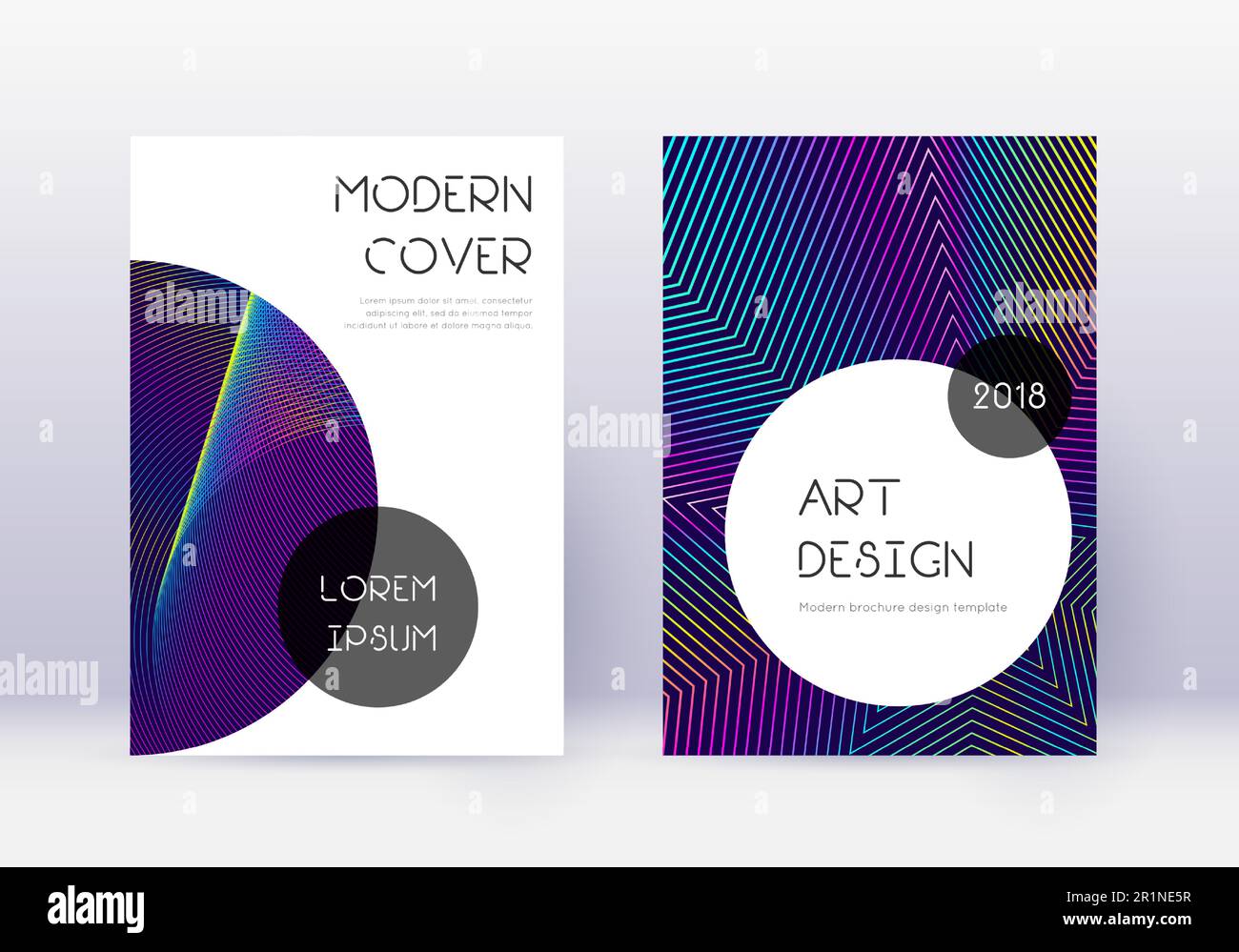 Trendy cover design template set. Rainbow abstract lines on dark blue ...