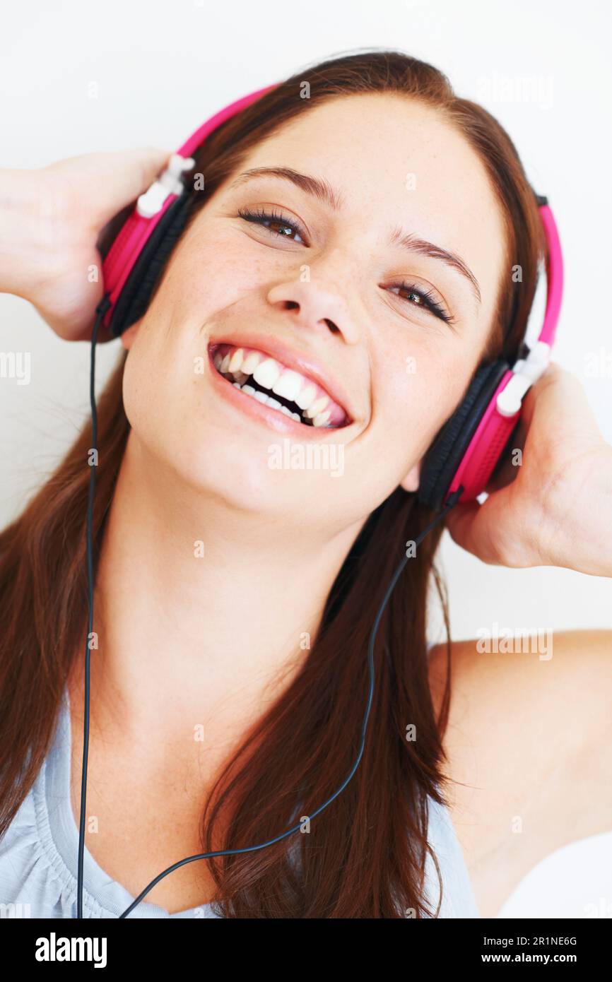 Music headphones, happy face and woman portrait listening to fun girl ...