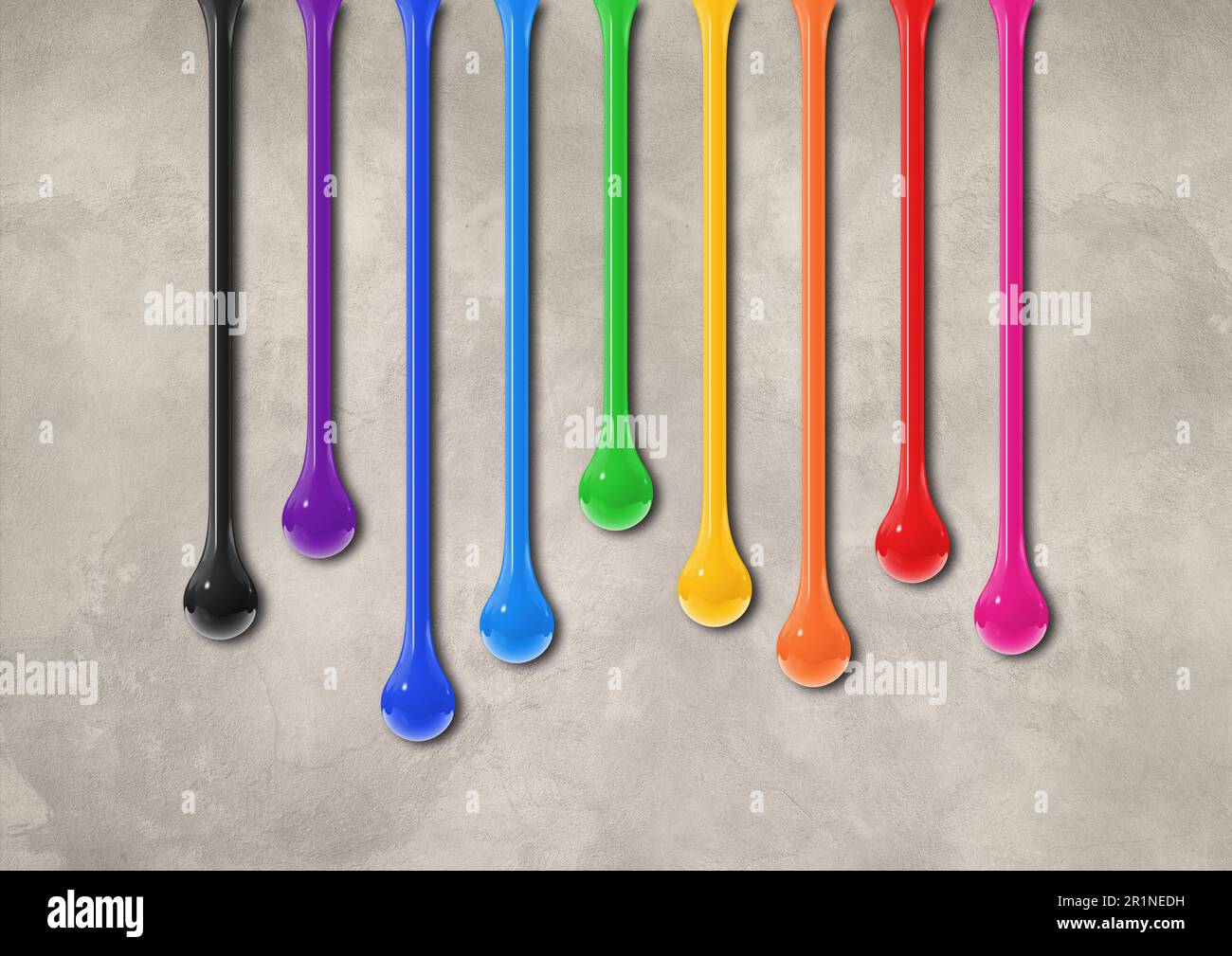 Colorful ink drops isolated on light concrete wall. Horizontal ...