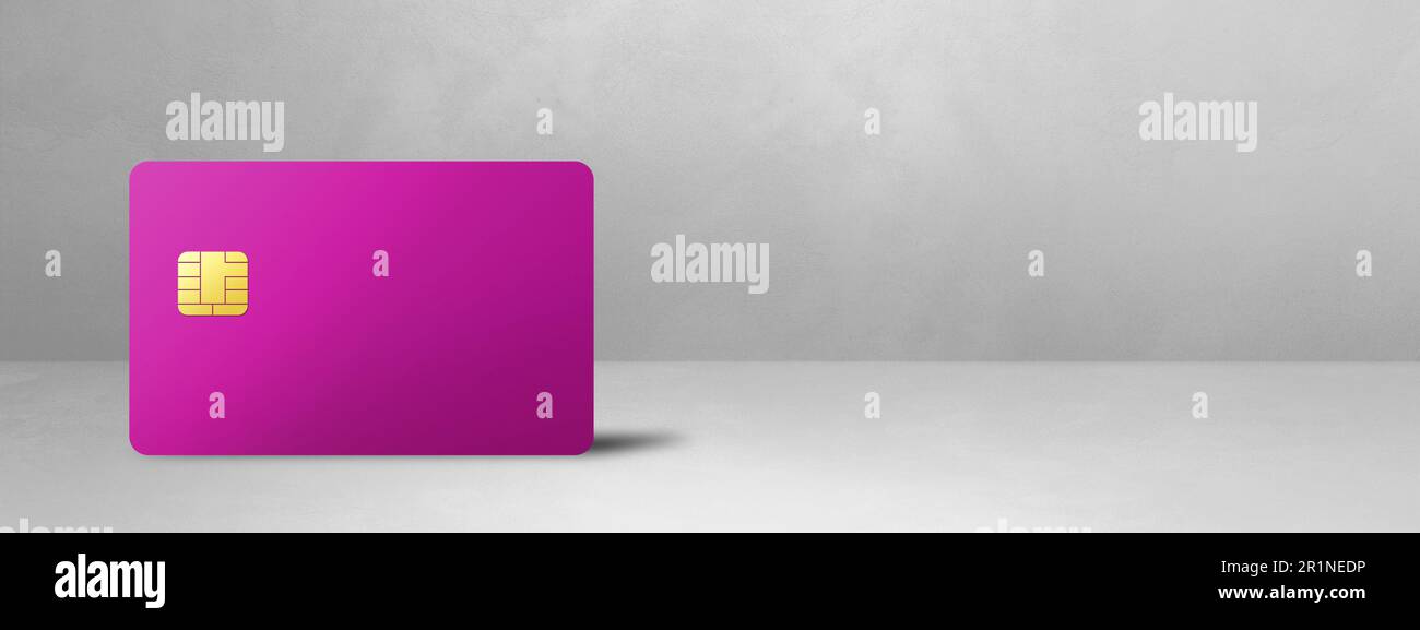 Pink credit card template on a white concrete background. 3D ...